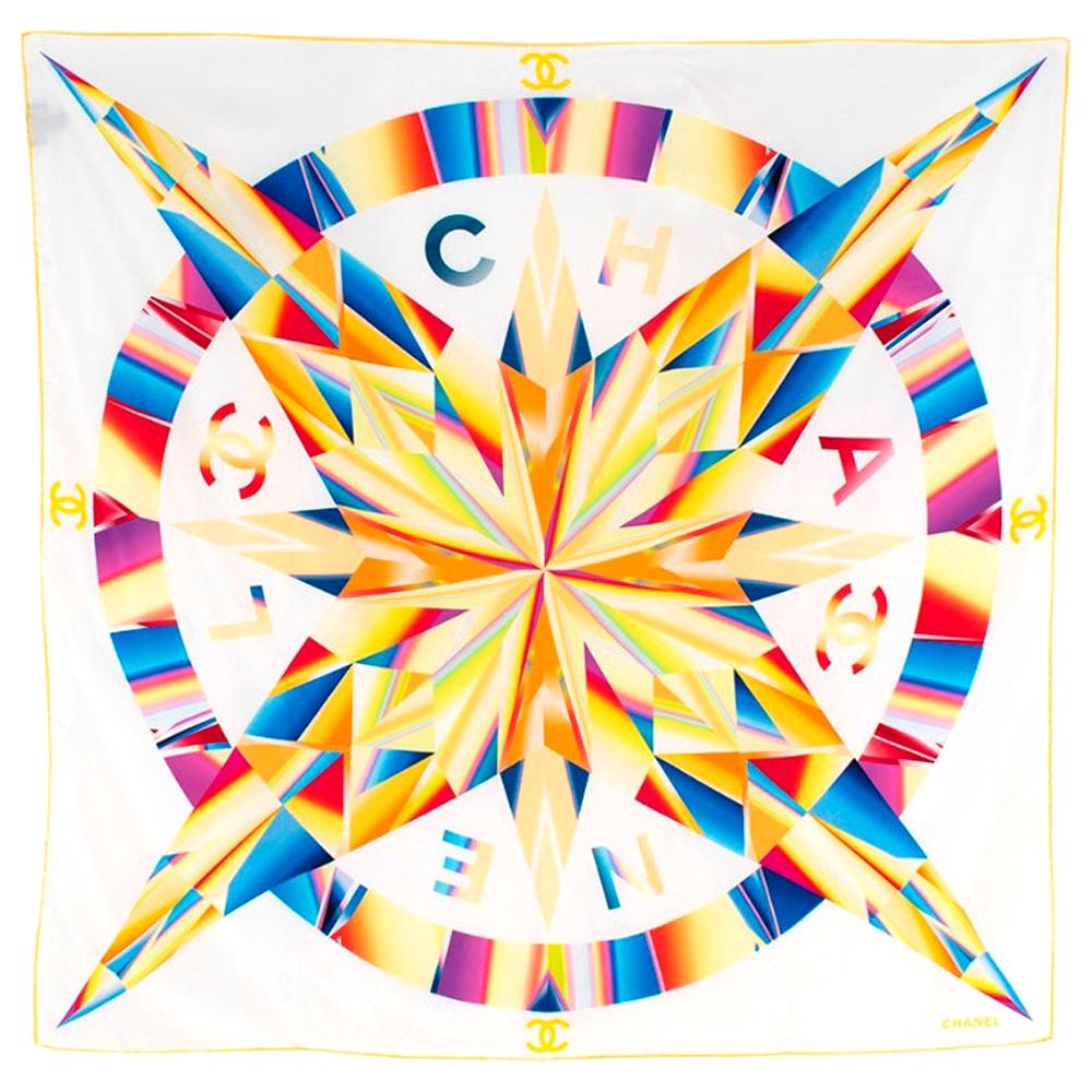 Chanel White/Rainbow Compass Print Square Silk Scarf at 1stDibs
