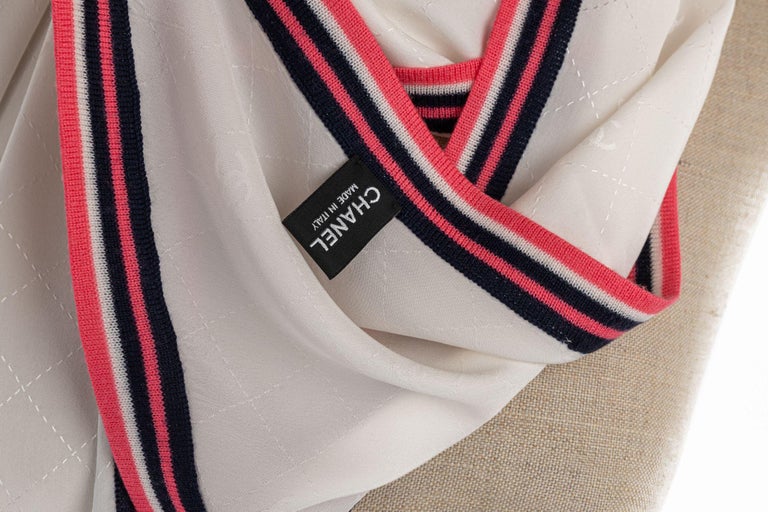Chanel White Silk Stole Wool Trim For Sale at 1stDibs