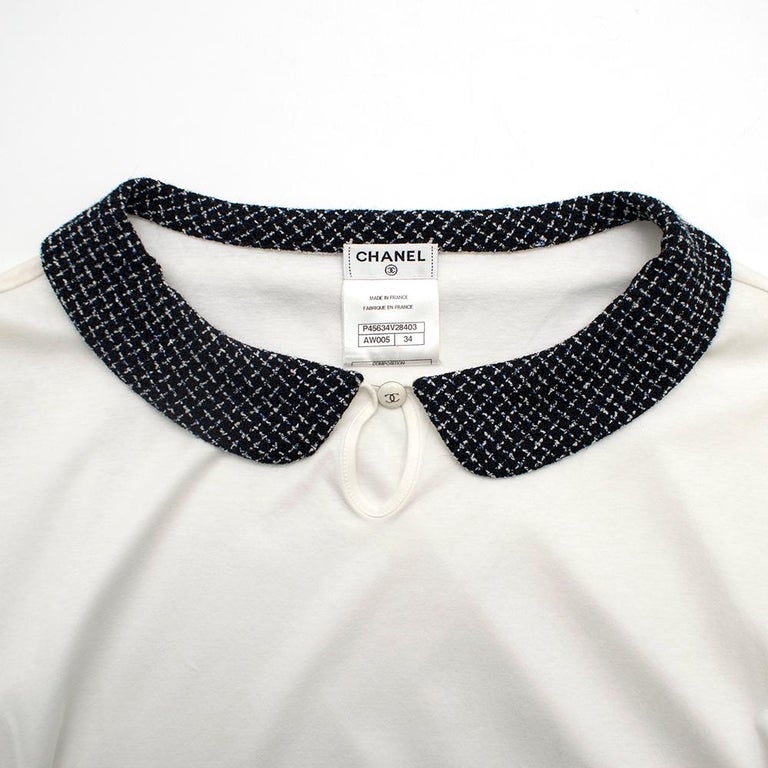 Chanel White Top with Tweed Collar UK 6 FR 34 For Sale at 1stdibs
