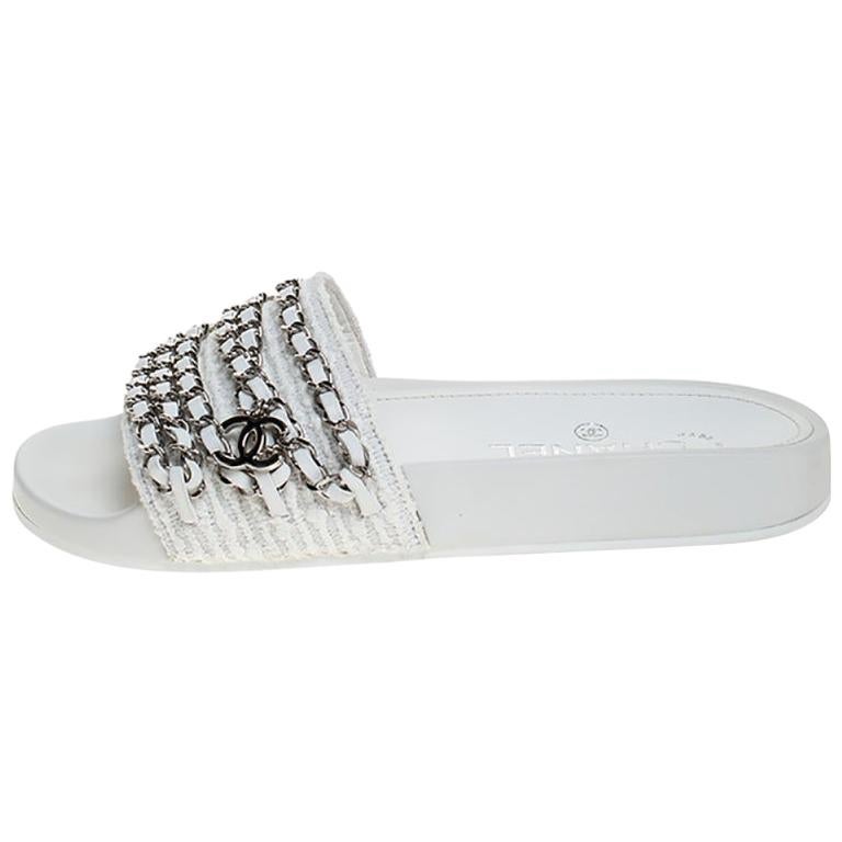 Chanel White Tweed Fabric CC Chain Embellished Flat Slides Size 35 For ...