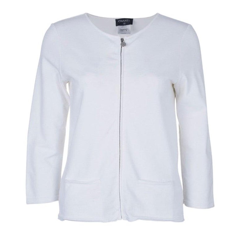 Chanel White Zip Front Knit Jacket M For Sale at 1stDibs