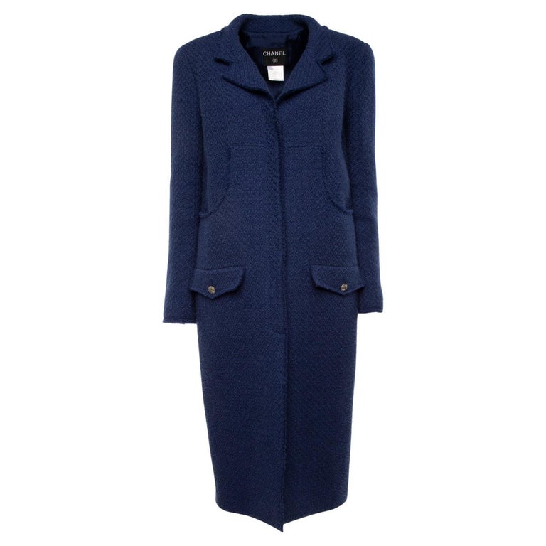 Chanel Women's Long Navy Wool Coat For Sale at 1stDibs