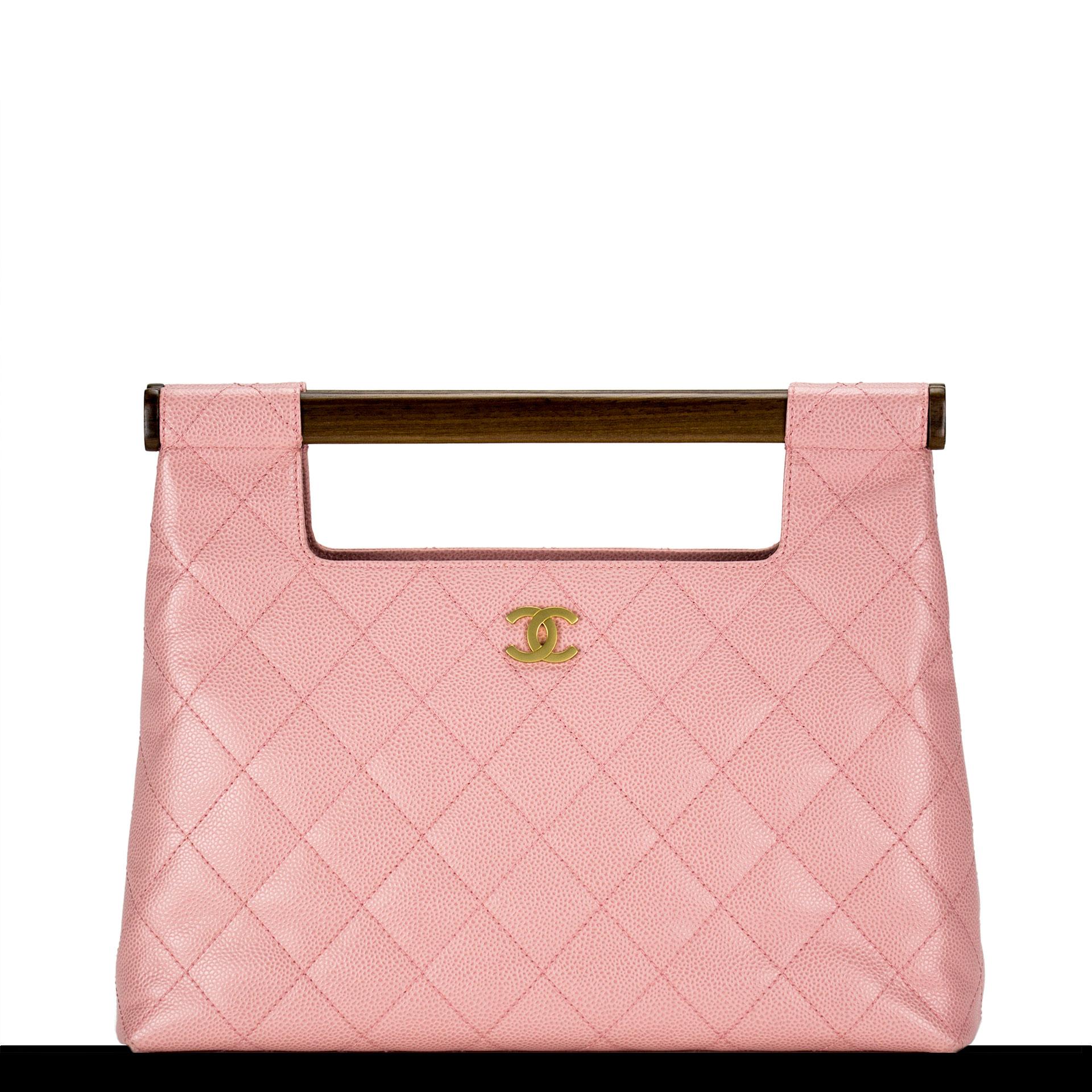 Chanel Wood Top Handle Raro Caviar Rosa Piel Jumbo Sobre Embrague Tote ...