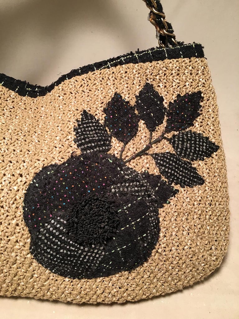 Chanel Woven Tan Rattan Straw Wool Trim Camellia Flower Shoulder Bag ...