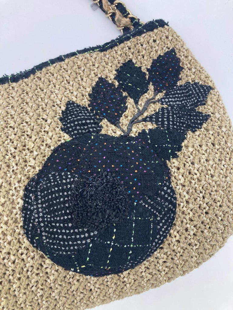 Chanel Woven Tan Rattan Straw Wool Trim Camellia Flower Shoulder Bag ...