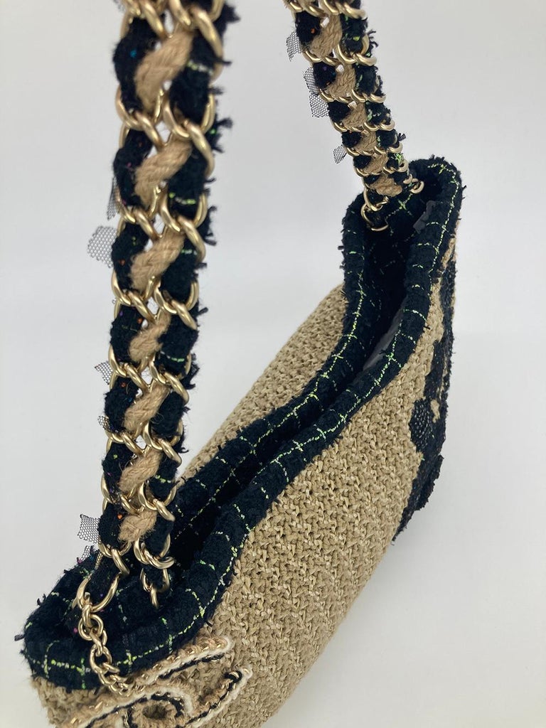 Chanel Woven Tan Rattan Straw Wool Trim Camellia Flower Shoulder Bag ...