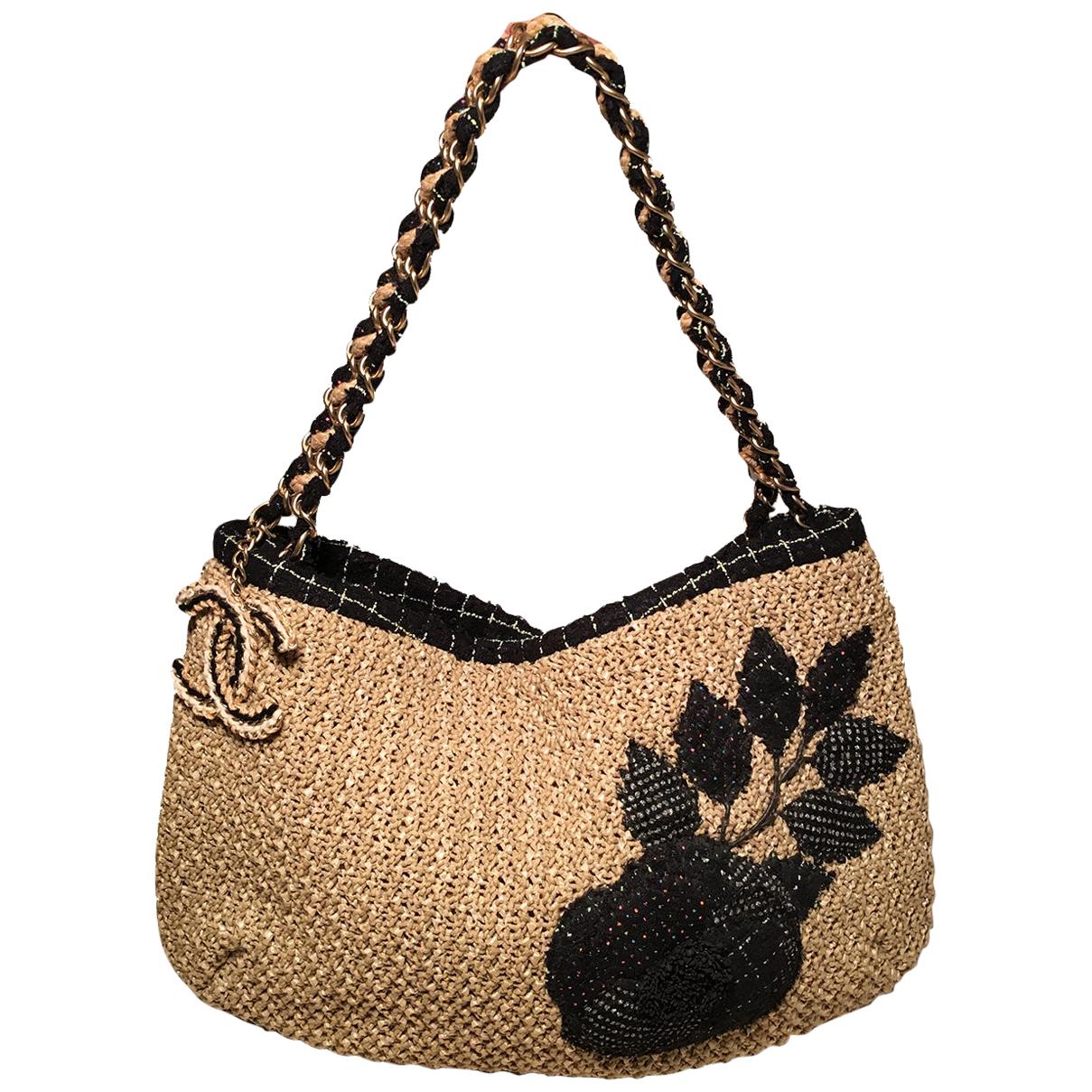 Chanel Woven Tan Rattan Straw Wool Trim Camellia Flower Shoulder Bag ...