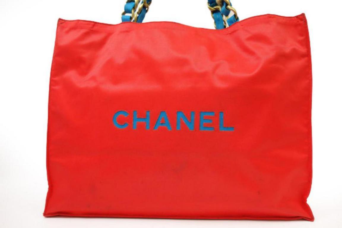Chanel Xl Logo Chain 223670 Red X Blue Nylon Tote For Sale at 1stDibs