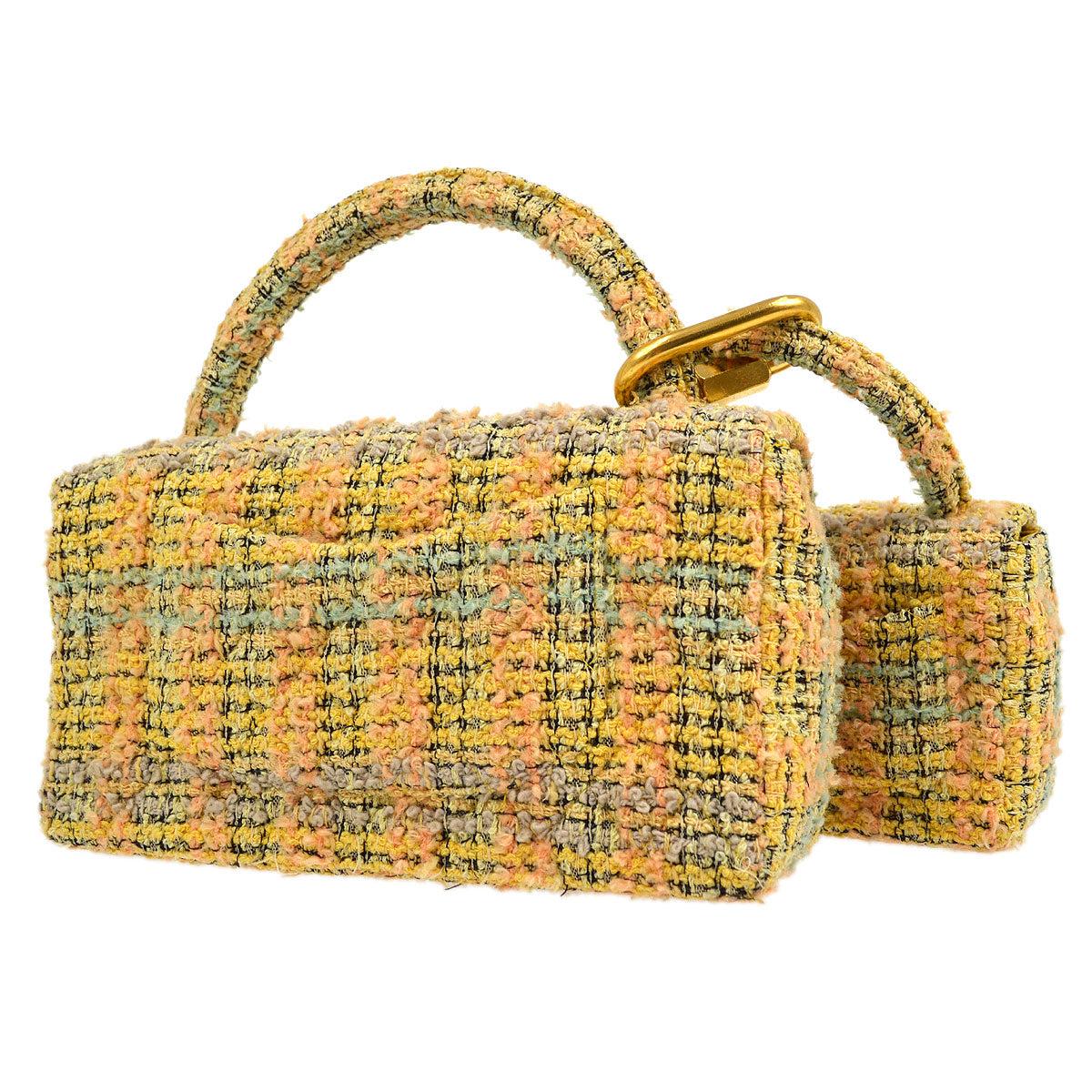 CHANEL Yellow Blue Pink Tweed Top Handle Kelly Small Medium Flap Bags ...