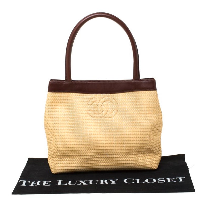 Chanel Yellow/Brown Raffia and Leather CC Tote For Sale at 1stDibs