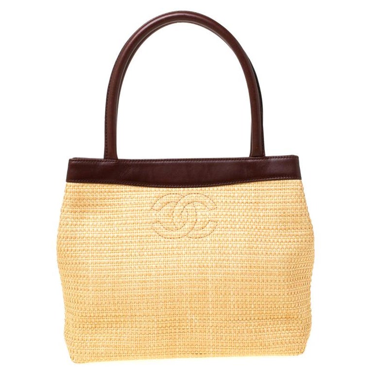 Chanel Yellow/Brown Raffia and Leather CC Tote For Sale at 1stDibs