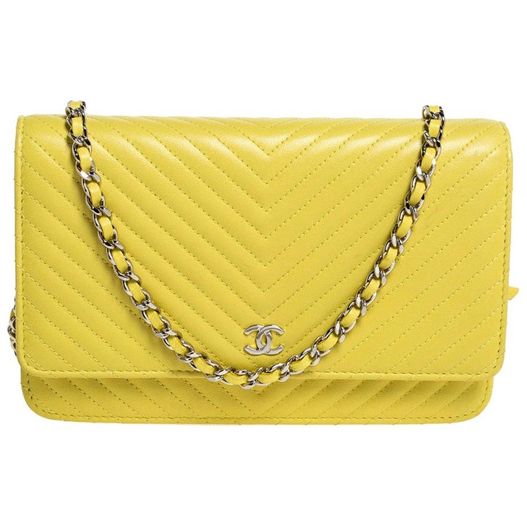 Chanel Yellow Chevron Leather Wallet on Chain at 1stDibs