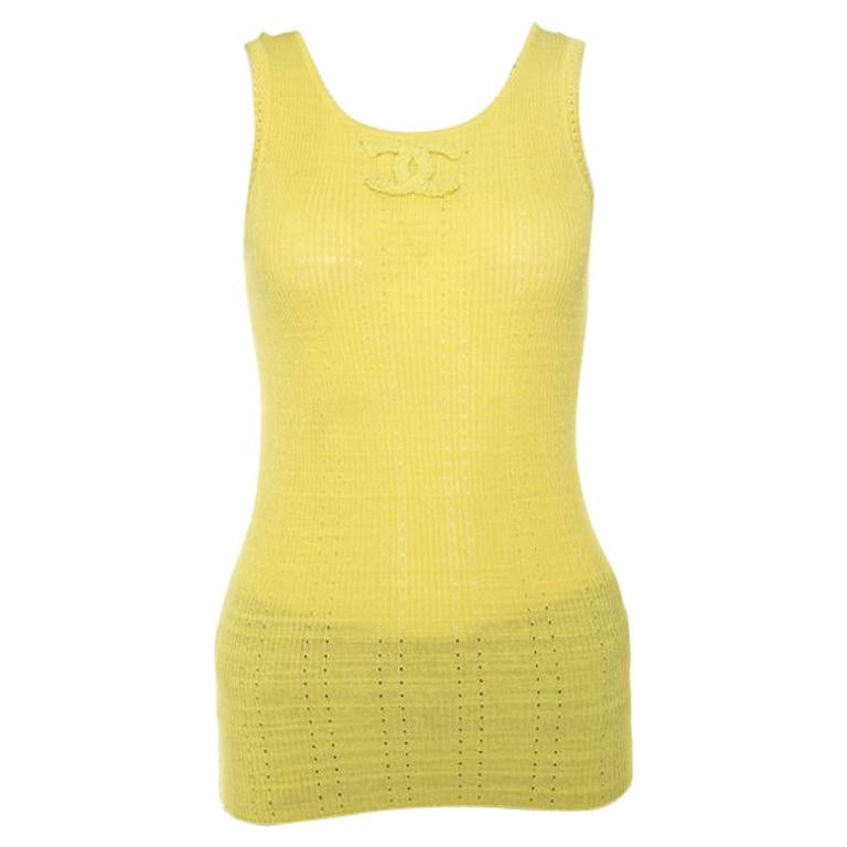 Chanel Yellow Perforated Rib Knit Logo Applique Detail Sleeveless Tank ...