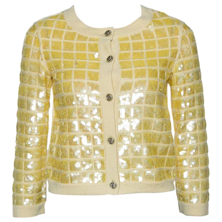 Chanel Yellow Sequined Cashmere Button Front Cardigan S at 1stDibs