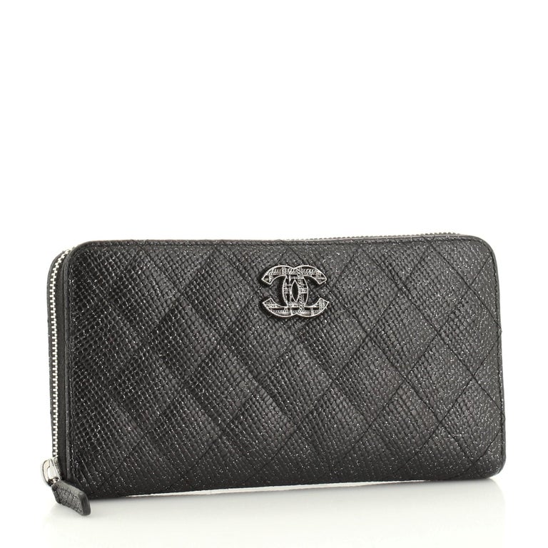 Chanel Zip Around Wallet Quilted Glittered Calfskin Long at 1stDibs