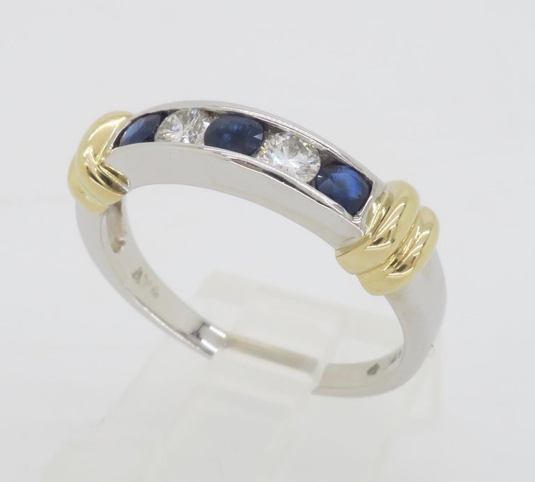 Channel Set Diamond and Blue Sapphire Ring Made in Two-Tone Band For ...