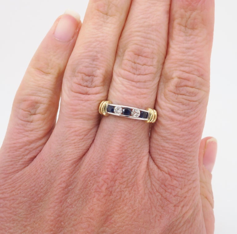 Channel Set Diamond and Blue Sapphire Ring Made in Two-Tone Band For ...