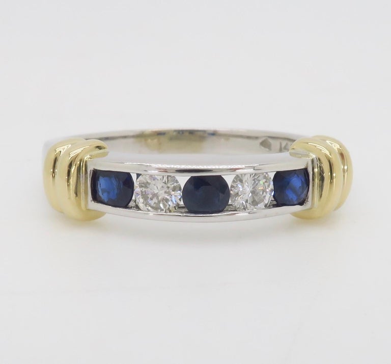 Channel Set Diamond and Blue Sapphire Ring Made in Two-Tone Band For ...