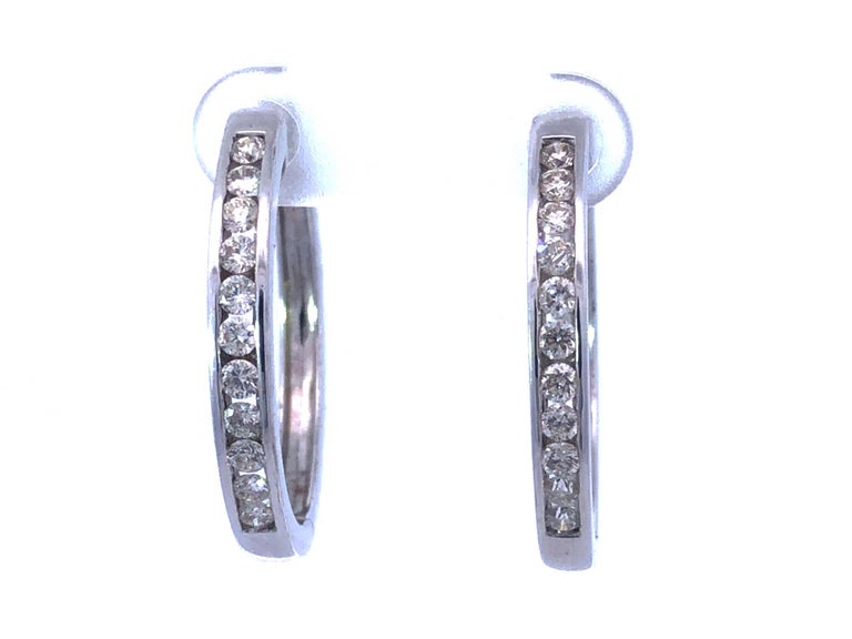 Channel Set Diamond Hoop Earrings in 14K White Gold For Sale at 1stDibs