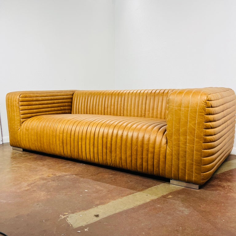Channeled Caramel Leather Sofa at 1stDibs