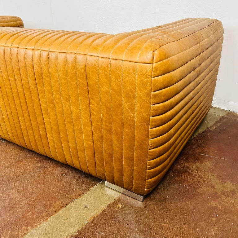 Channeled Caramel Leather Sofa at 1stDibs