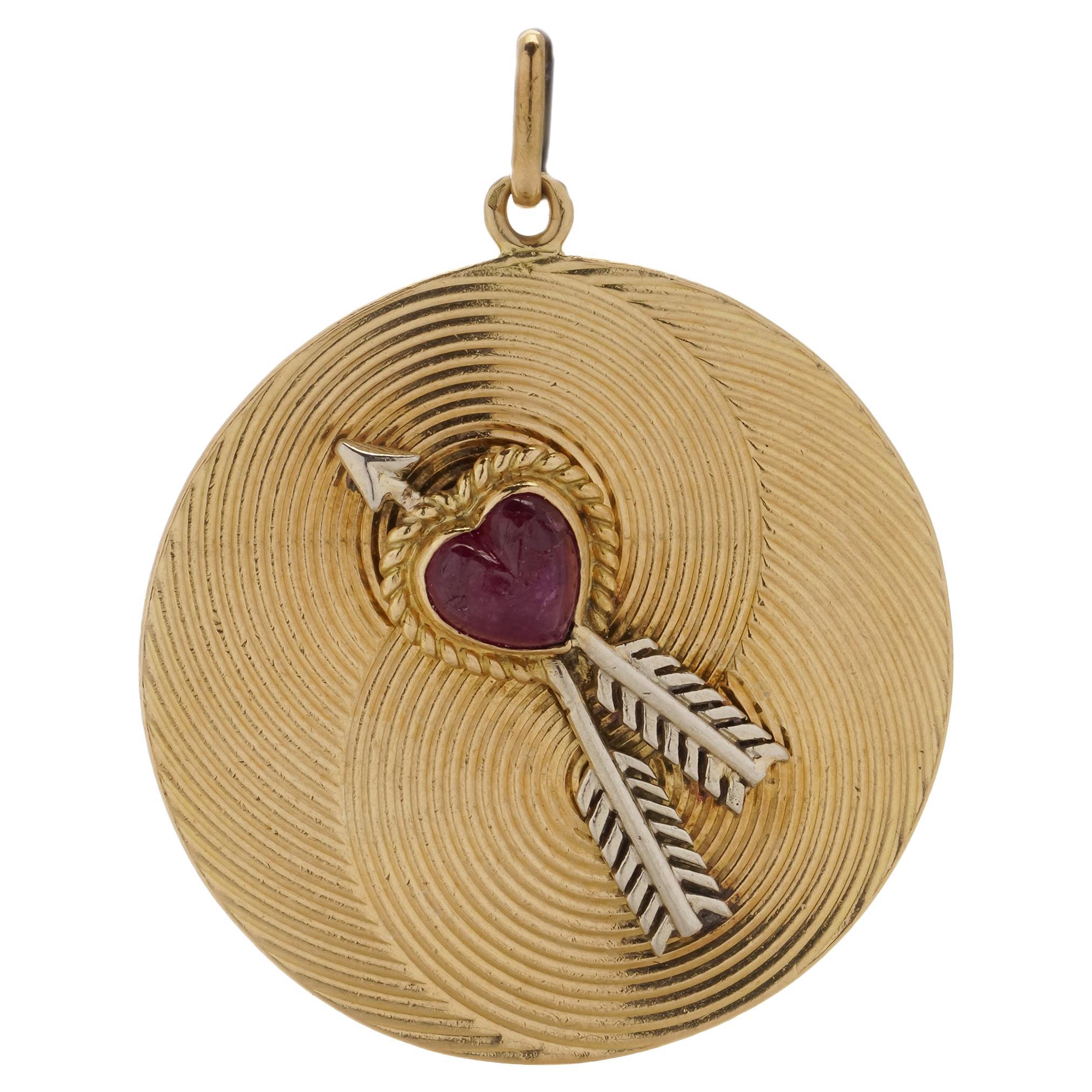 Chanteloup 18 Karat Gold Engine Turned Pendant with Heart Cut Cabochon ...