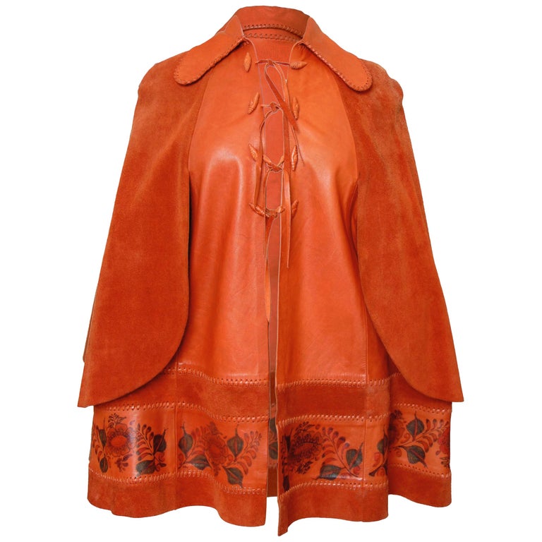 Char Leather Handpainted Cape with Suede Caplets Mexico Vintage 1970s ...