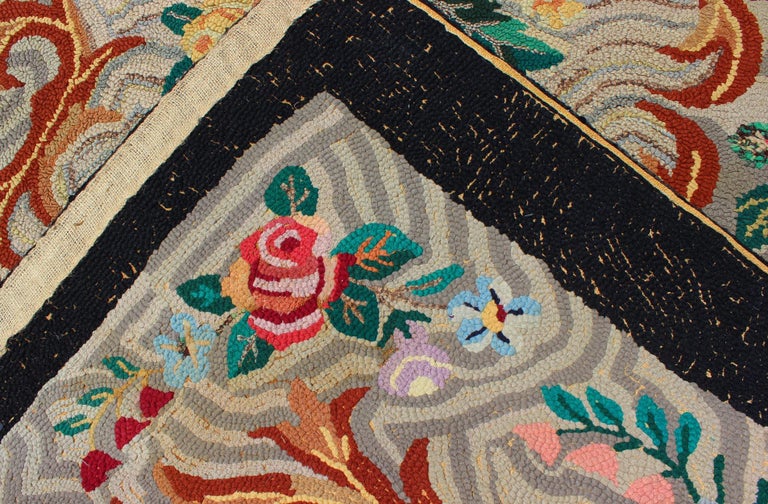 Charcoal, Red, and Green Antique American Hooked Rug with Large Flower ...