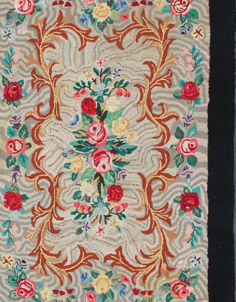 Charcoal, Red, and Green Antique American Hooked Rug with Large Flower ...