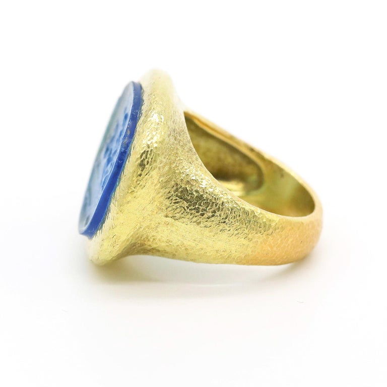 Chariot Blue Italian Murano Glass Carved Intaglio Ring 18 Karat Yellow ...
