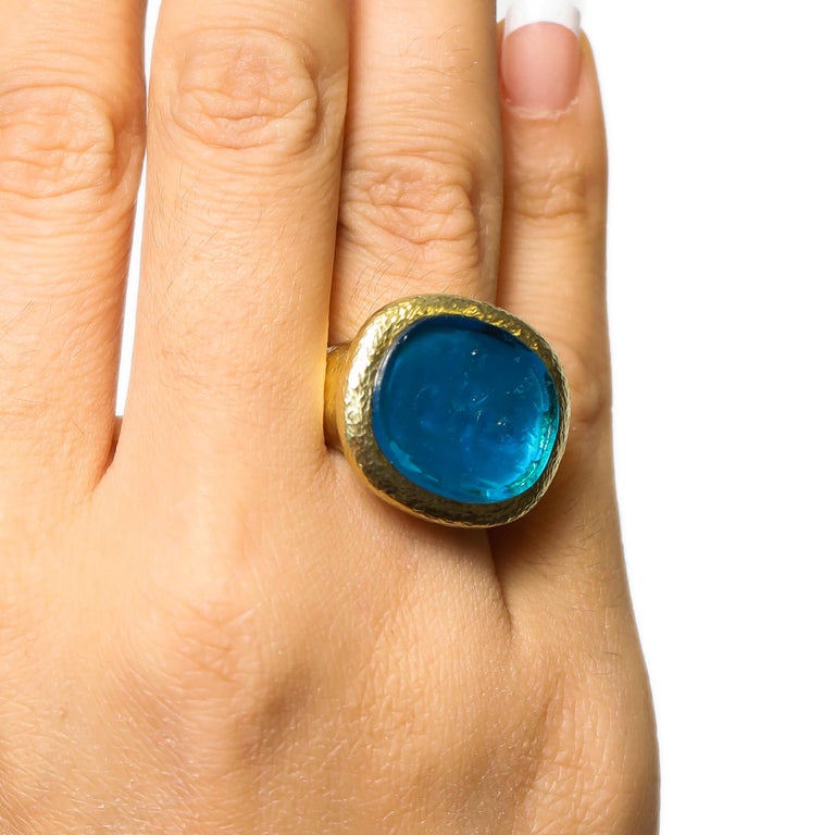 Chariot Blue Italian Murano Glass Carved Intaglio Ring 18 Karat Yellow ...