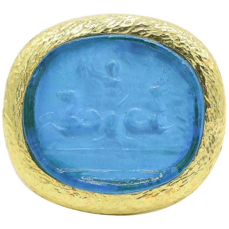 Chariot Blue Italian Murano Glass Carved Intaglio Ring 18 Karat Yellow ...