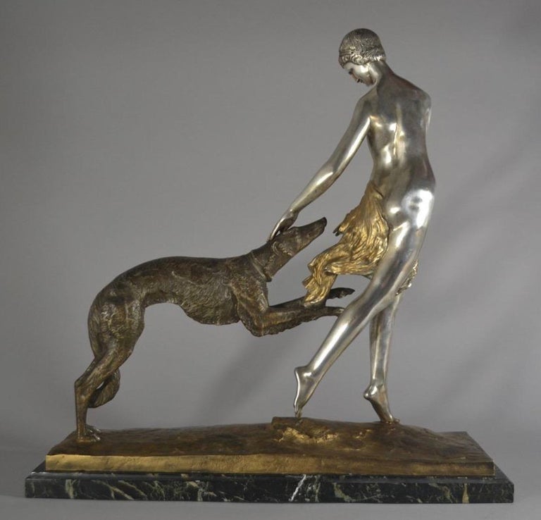 Charles Breton Large Bronze Sculpture of Woman with Borzo For Sale at ...