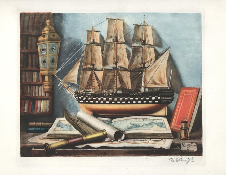 Charles Cerny - Maritime Still Life with Maps, Charts and a Telescope ...