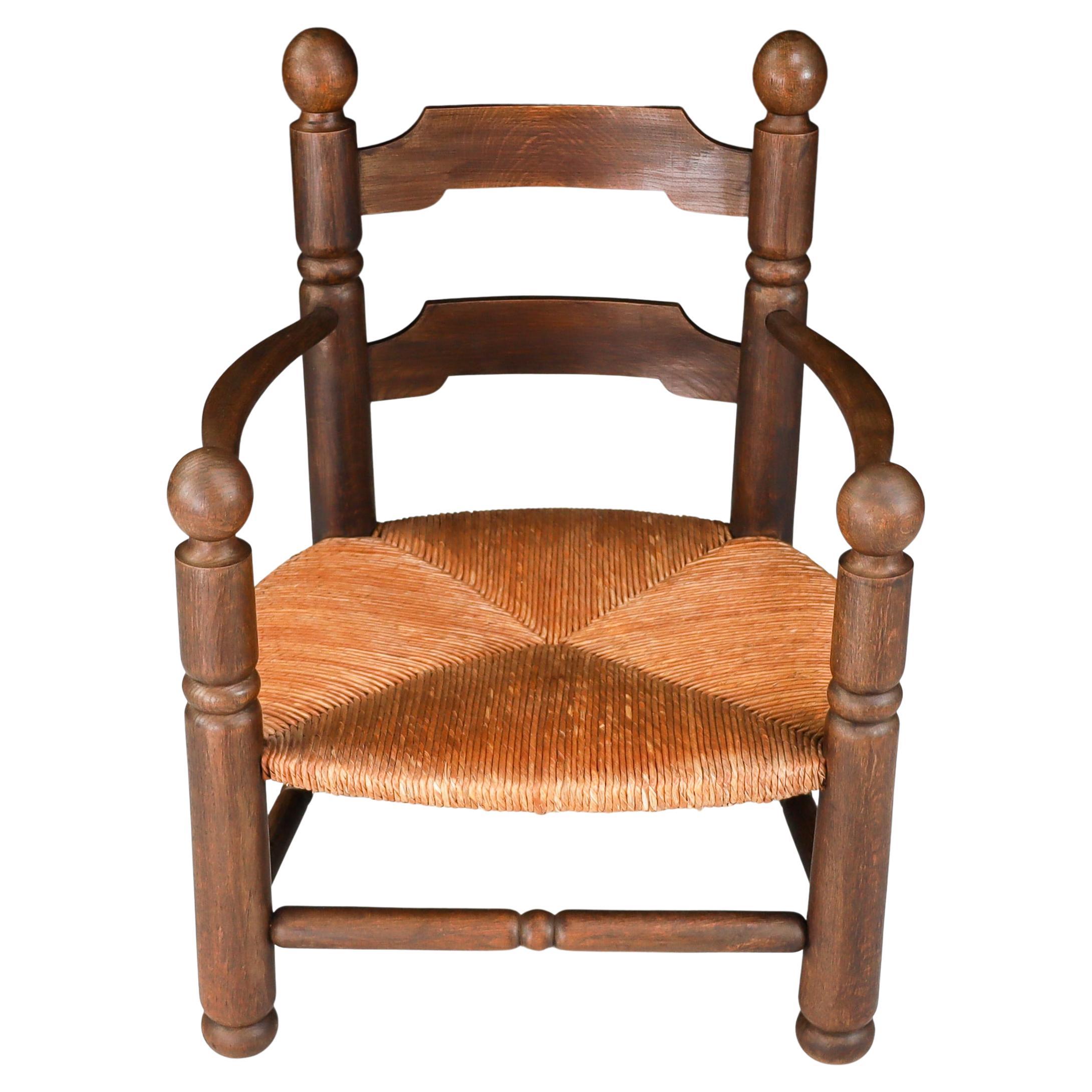 Charles Dudouyt Set of 8 Oak Chairs, Quille Model with Straw Seat ...