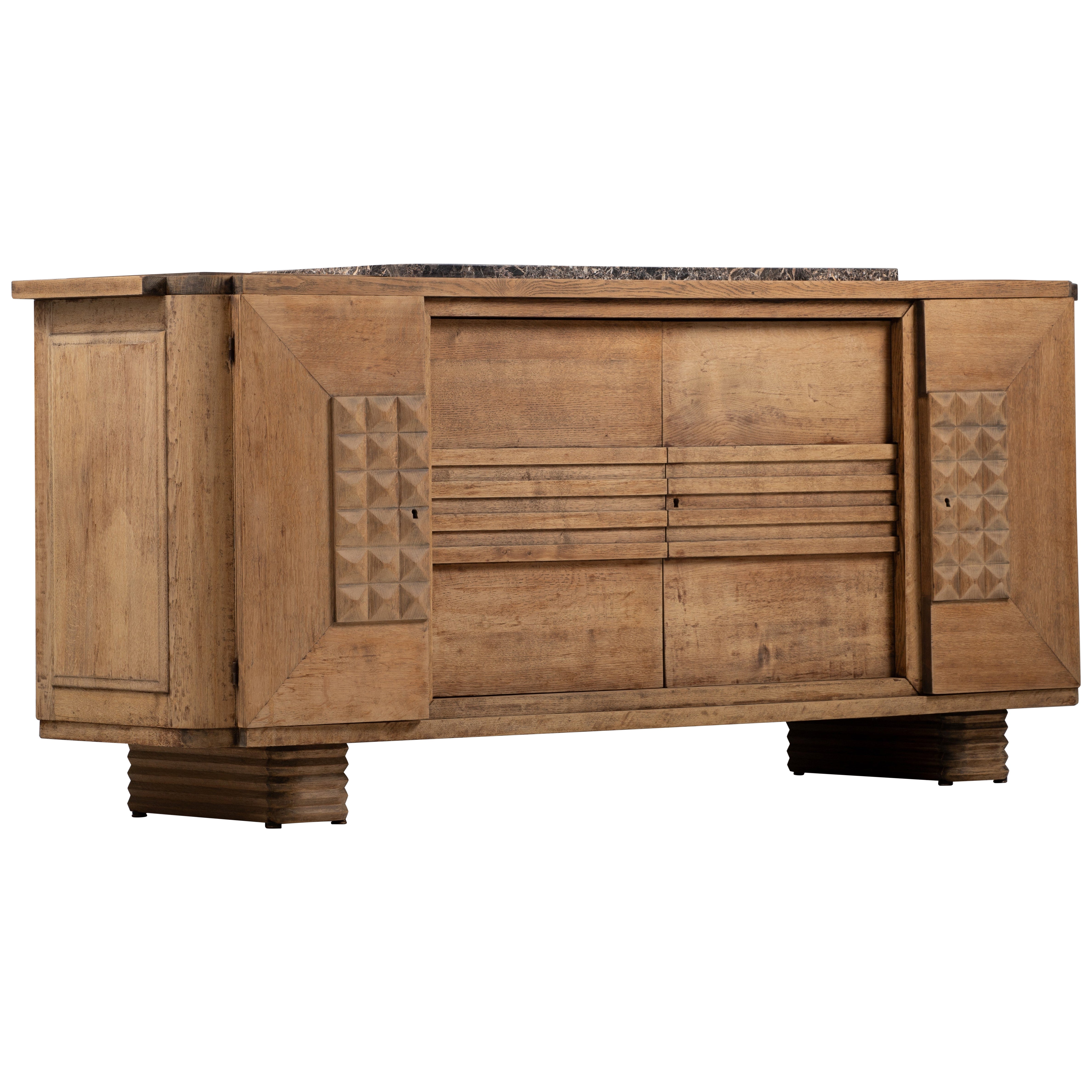 Charles Dudouyt, Oak Sideboard -Marble Top- Diamond-Point Panels ...