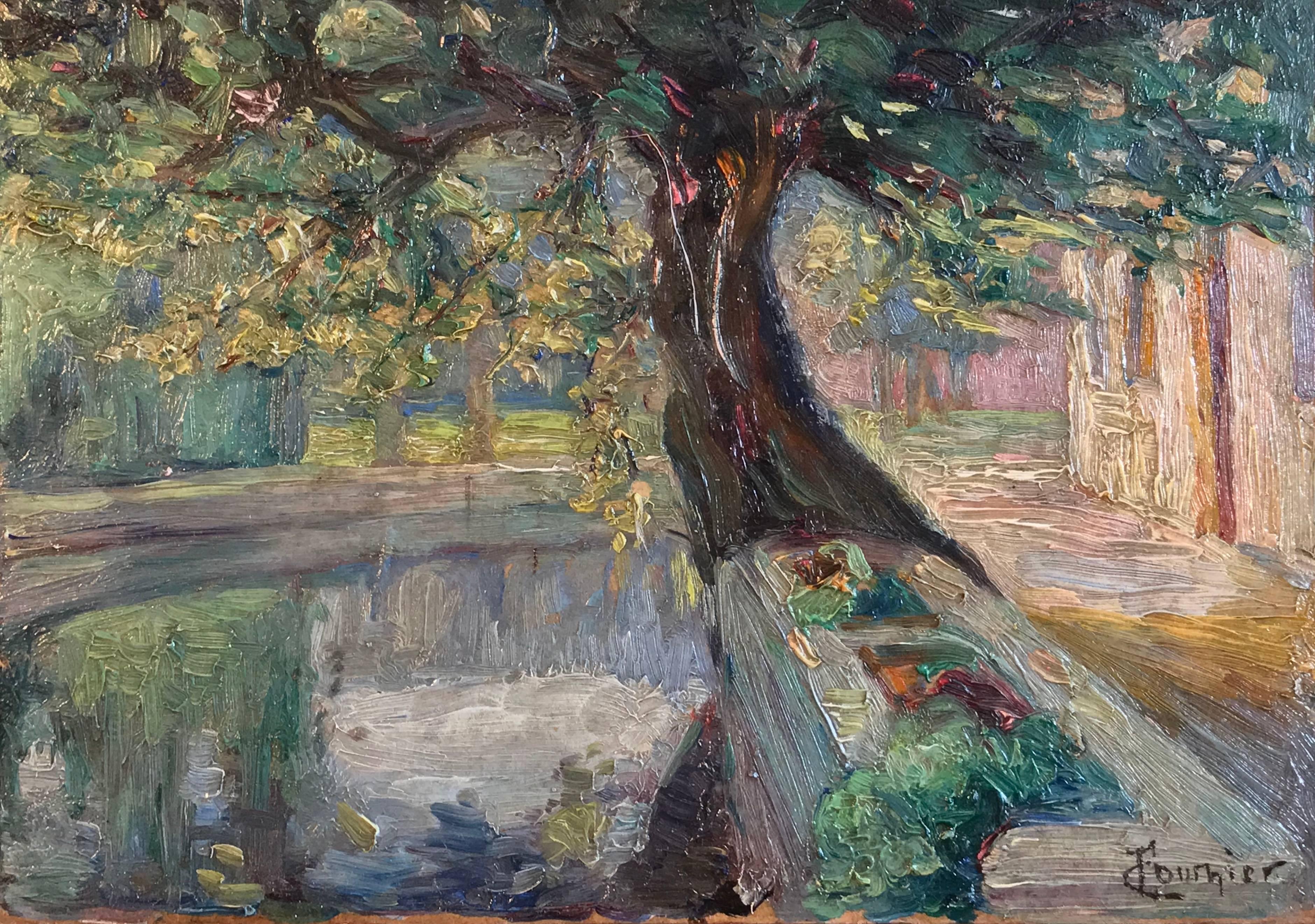 Charles Fournier - Le Bassin signed antique French Impressionist oil ...