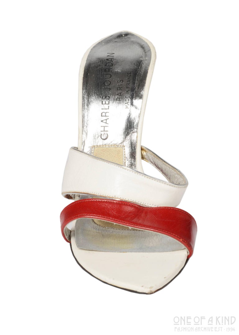Charles Jourdan red leather sandals with plexiglass inverted wedge, c ...