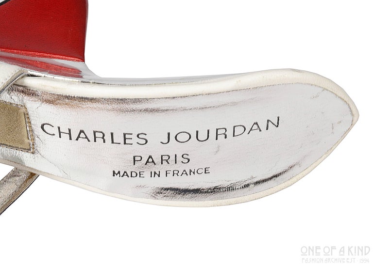 Charles Jourdan red leather sandals with plexiglass inverted wedge, c ...