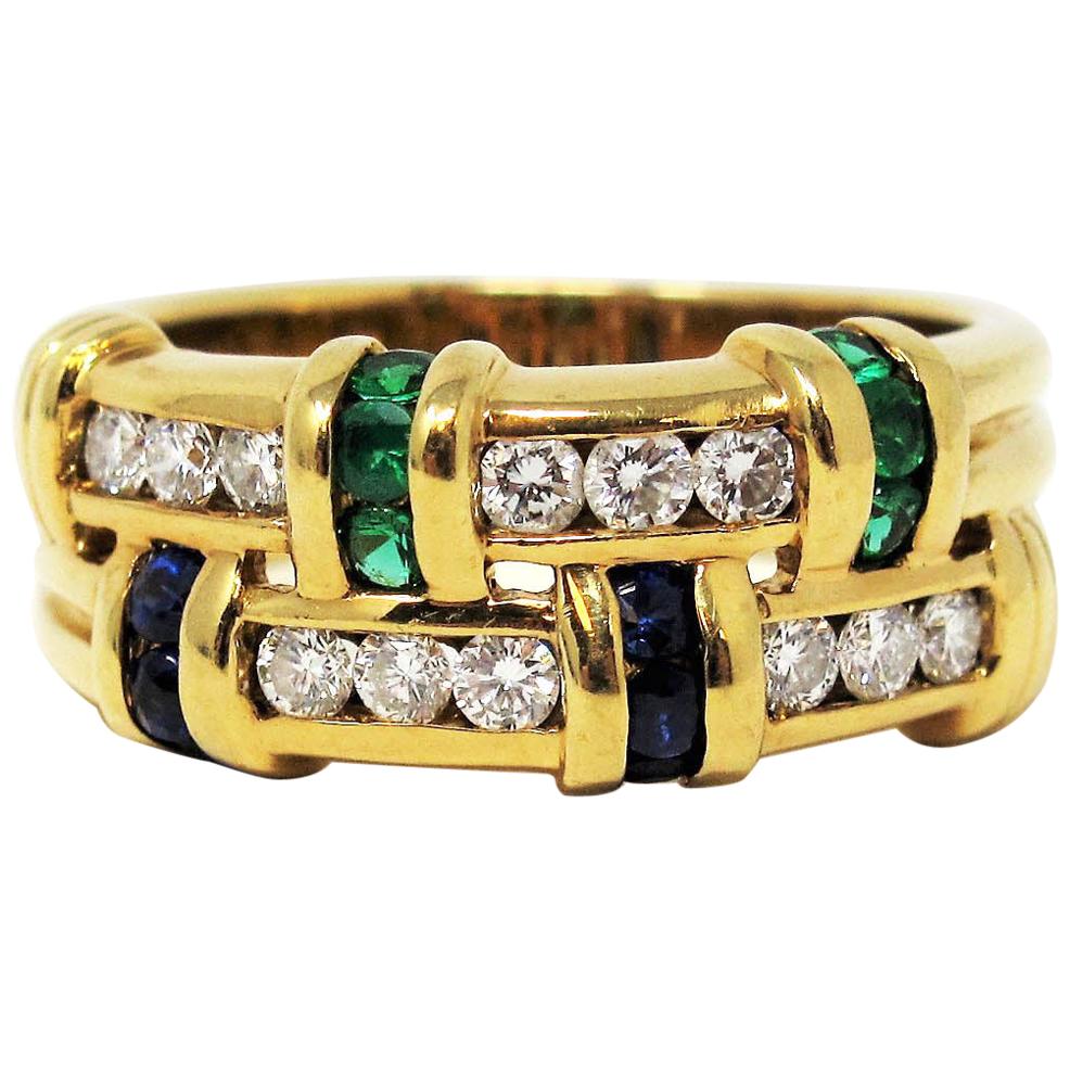 Charles Krypell Diamond, Emerald and Sapphire Band Ring at 1stDibs