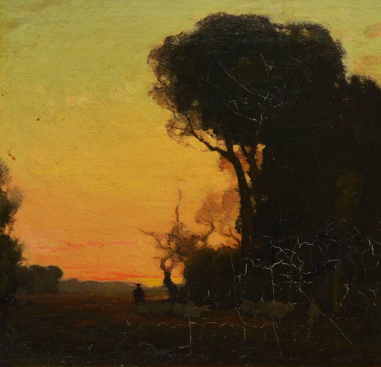 Charles Lasar - Tonalist Sunset Landscape with a Figure and Sheep by ...