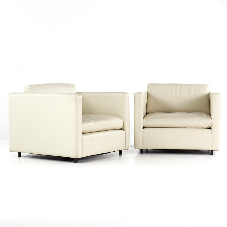 Charles Pfister for Knoll Mid Century White Leather Lounge Chairs, Pair ...