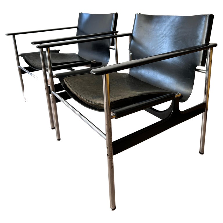 Charles Pollock 657 Leather Sling Lounge Chairs by Knoll For Sale at ...