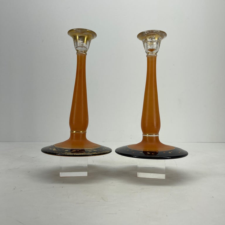Charles Schneider Art Deco Pressed Orange Glass Candlesticks For Sale ...