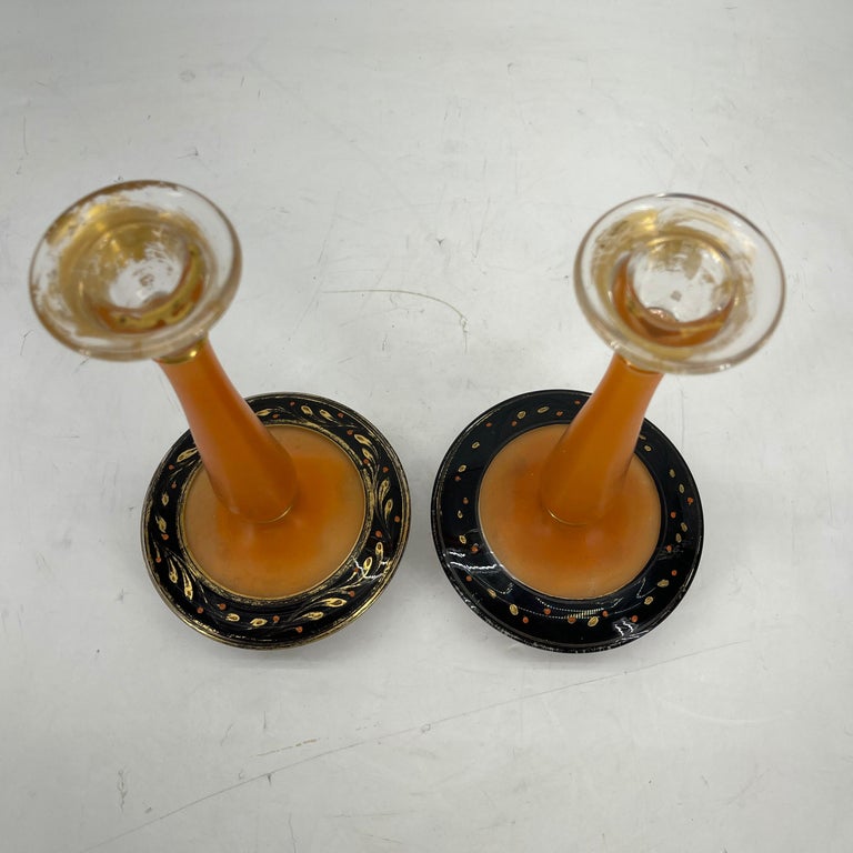 Charles Schneider Art Deco Pressed Orange Glass Candlesticks For Sale ...