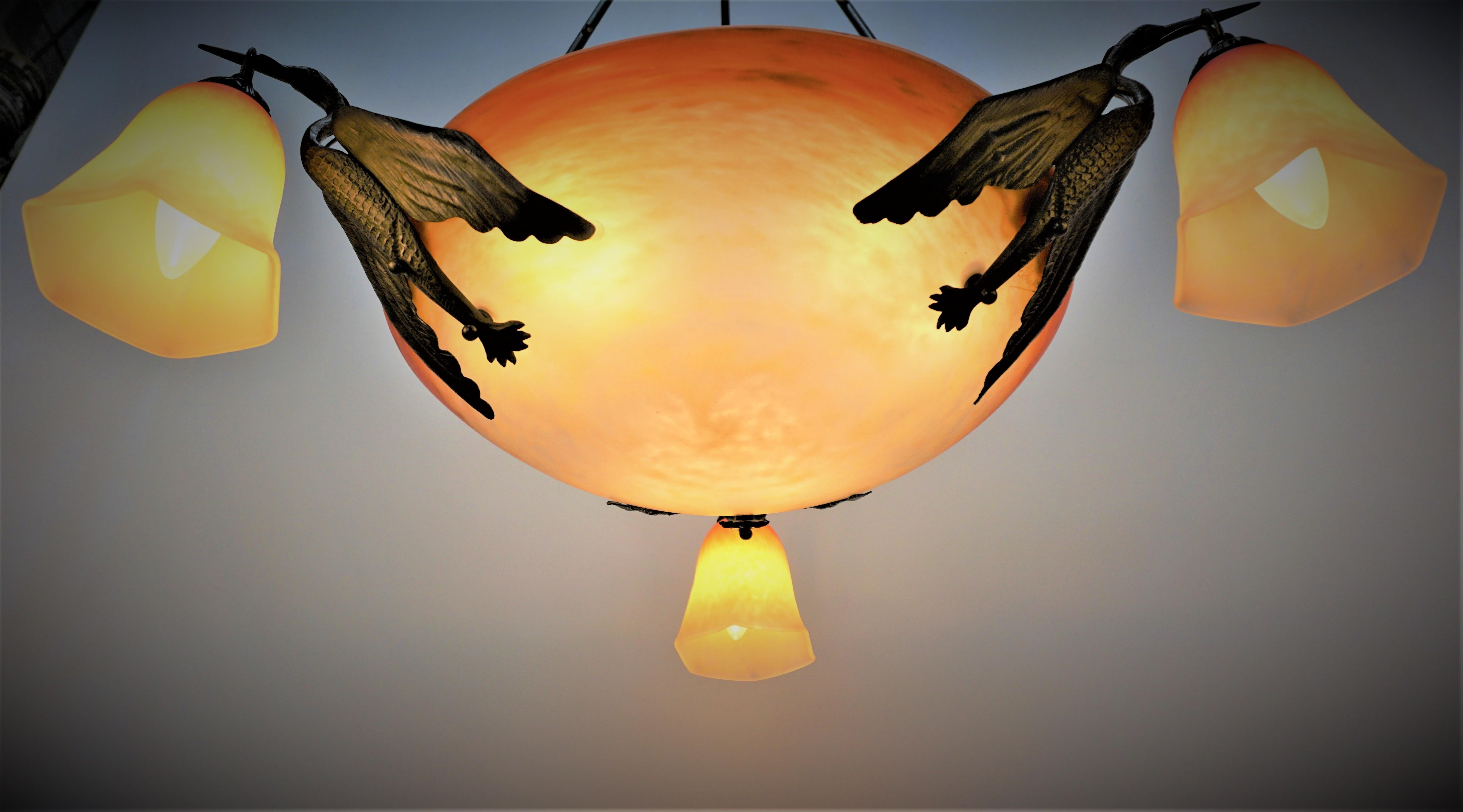 Charles Schneider Art Glass Bird wrought Iron Chandelier at 1stDibs
