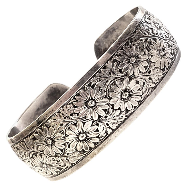 Charles Thomae Sterling Silver Floral Cuff Bracelet at 1stDibs