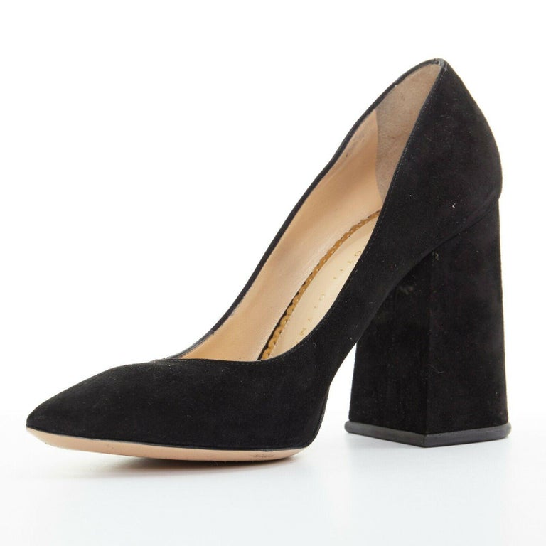 CHARLOTTE OLYMPIA black suede point toe spider embroidered chunky high ...