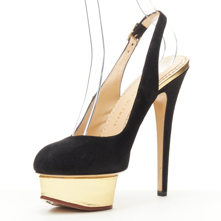 CHARLOTTE OLYMPIA Dolly black suede gold platform sling back pump EU38 ...