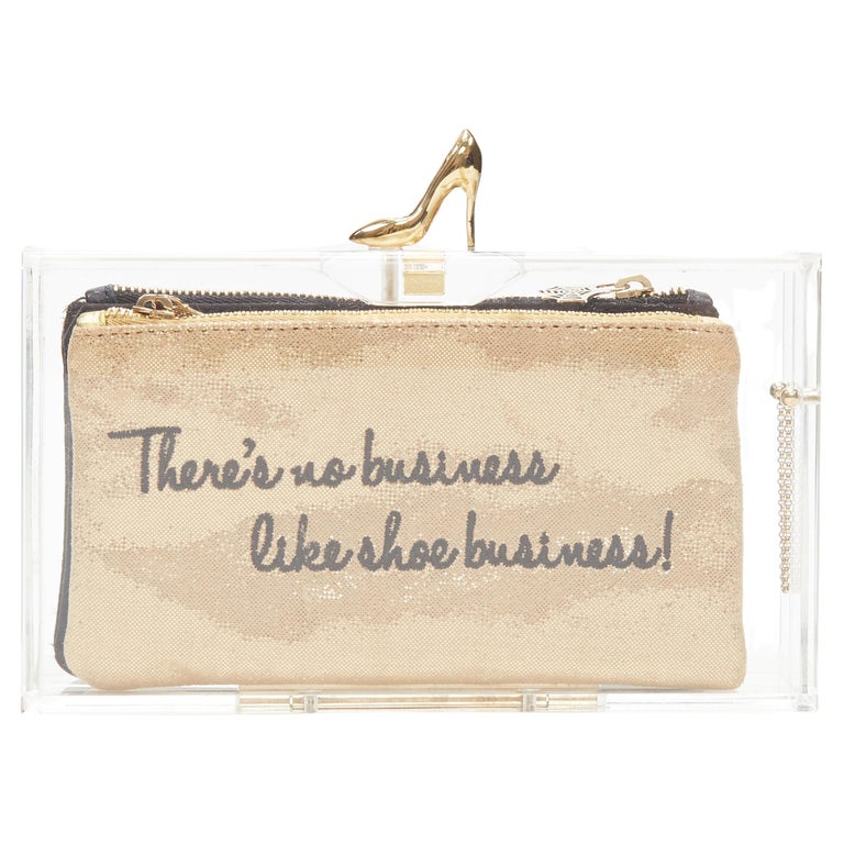 CHARLOTTE OLYMPIA gold shoe embroidery pouch perspex acrylic box clutch ...
